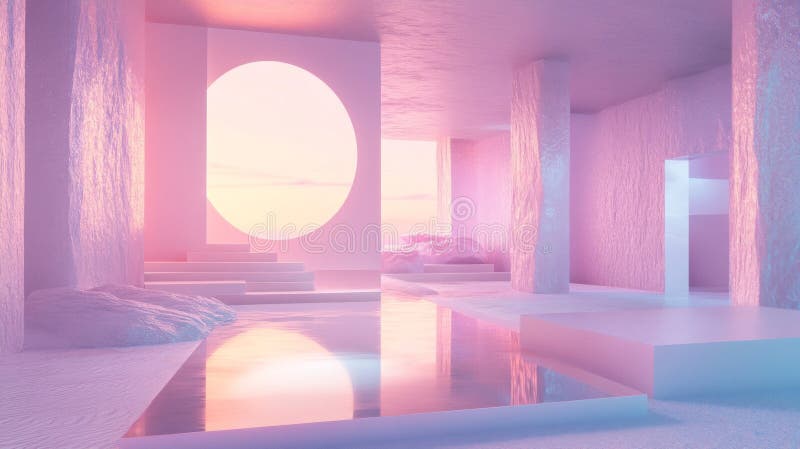 Pastel Pink Room with Circular Window and Pool Stock Illustration ...