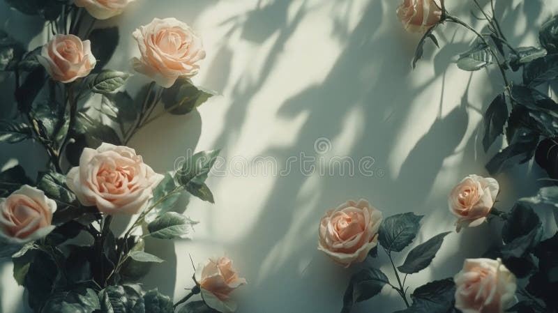 Pastel Pink Roses and Soft Shadows on White Background Stock ...
