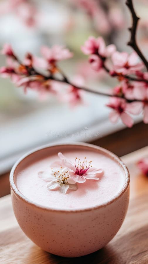 Pastel Pink Sakura Latte in Minimalist Ceramic Cup, Cherry Blossom ...