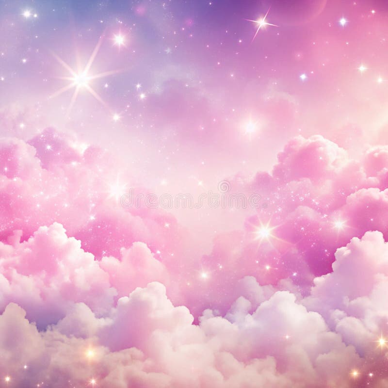 Pastel Pink, Starry Night Sky with Fluffy Clouds Stock Image - Image of ...