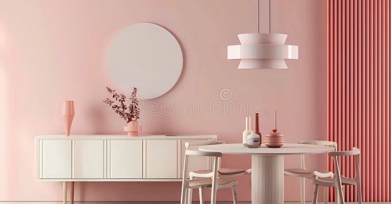 Pastel Pink Statement Wall: Modern Minimalist Dining Room with Chic ...