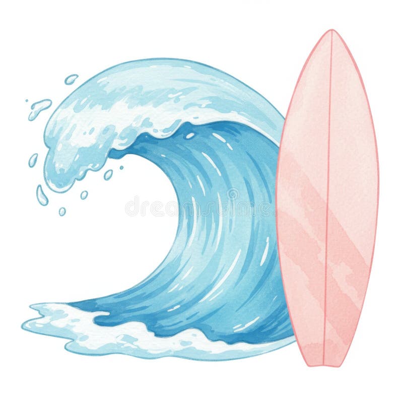Pastel Pink Surfboard and a Blue Ocean Wave Illustration Stock ...