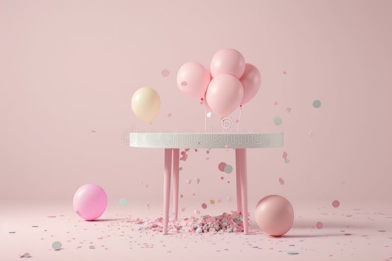 Pastel Pink Table with Balloon Frame and Birthday Confetti ...