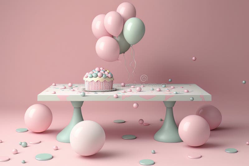Pastel Pink Table with Balloon Frame and Birthday Confetti ...