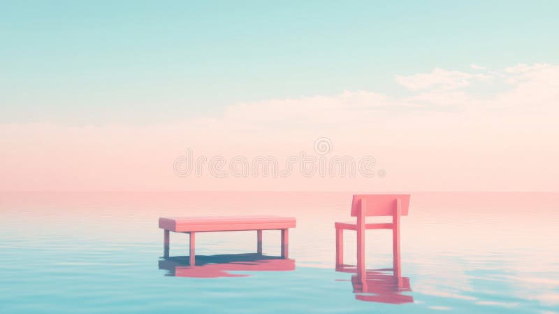 Pastel Pink Table and Chair in Calm Sea at Sunrise Stock Illustration ...