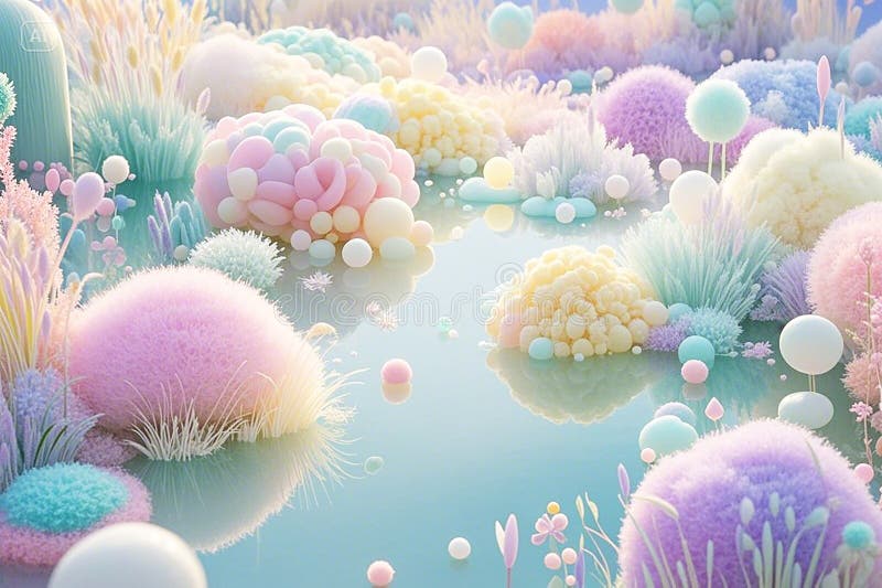 Pastel Pink and Teal Coral Reef with Mushroom Tree and Clouds Stock ...