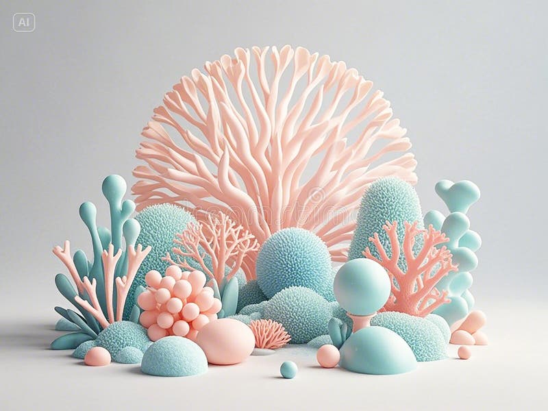 Pastel Pink and Teal Coral Reef with Mushroom Tree and Clouds Stock ...
