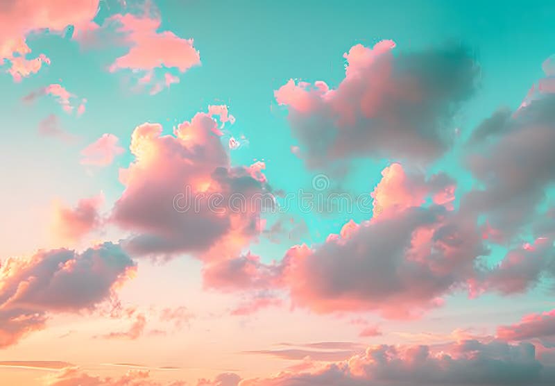 Pastel Pink and Teal Gradient Sky with Clouds Stock Illustration ...