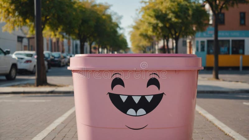 A Pastel Pink Trash Can with a Big Toothy Smile. Stock Photo - Image of ...