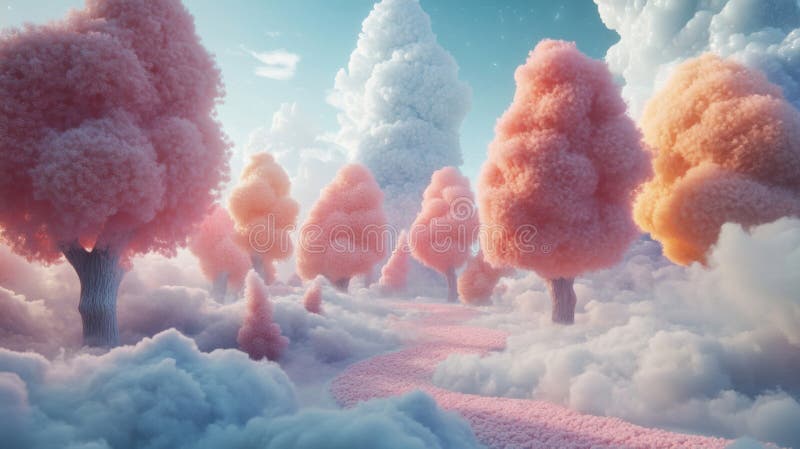 Pastel Pink Trees in a Dreamlike Cloud Landscape Stock Illustration ...