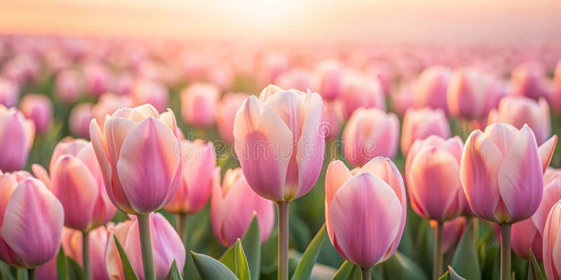 Pastel Pink Tulips Blooming in the Soft Golden Hour Light. Generative ...