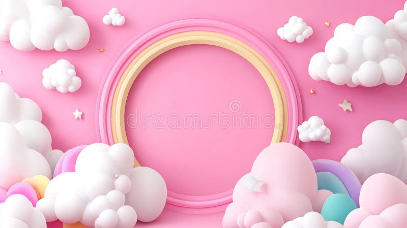 Pastel Pink Whimsical Cloud Background with Rainbow Frame Stock ...