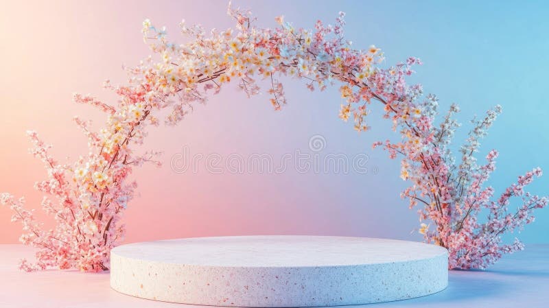 Pastel Pink and White Cherry Blossom Arch with Round Podium Stock ...