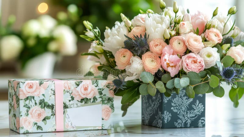 Pastel Pink and White Flower Bouquet with Gift Box Stock Illustration ...