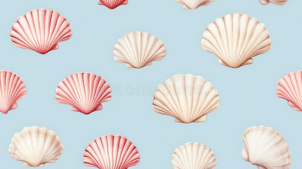 Pastel Pink and White Seashells Pattern on Light Blue Background Stock ...