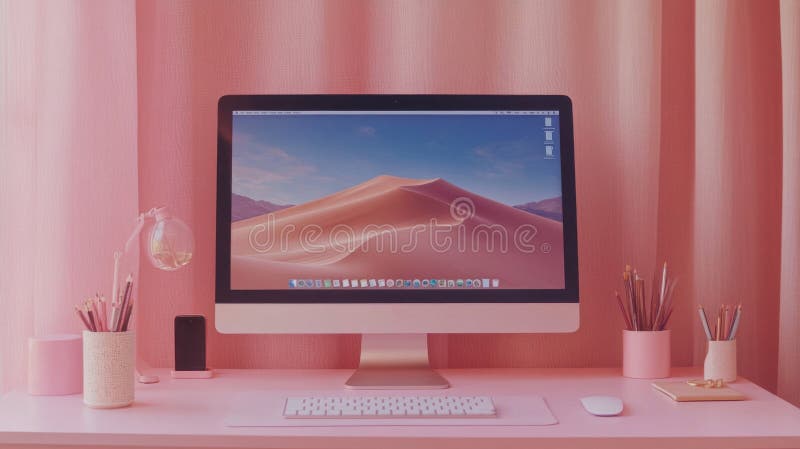 Pastel Pink Workspace with Modern Computer Setup Stock Illustration ...