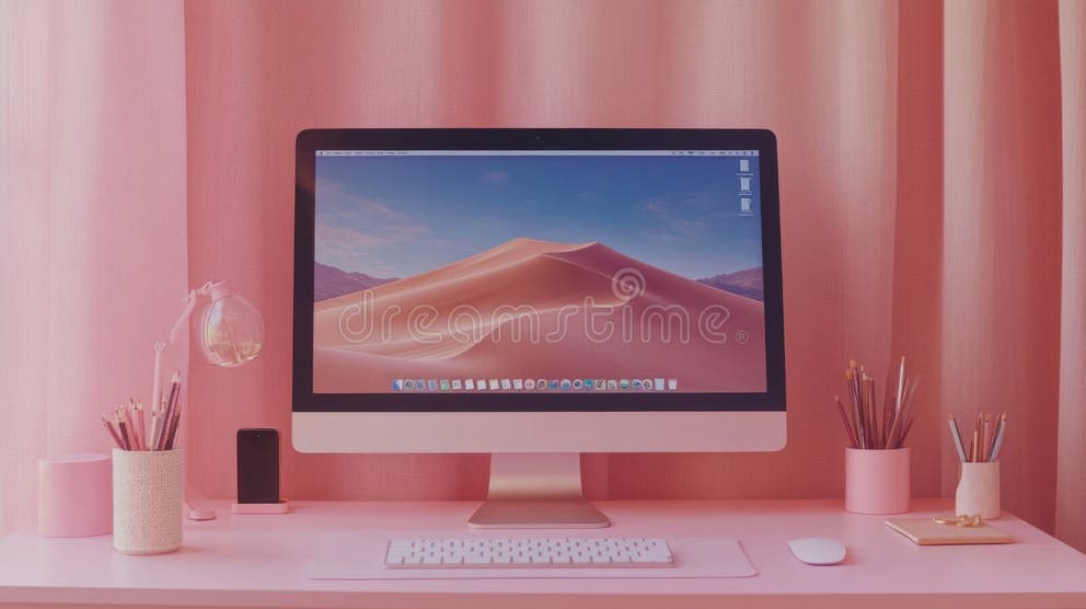 Pastel Pink Workspace with Modern Computer Setup Stock Illustration ...