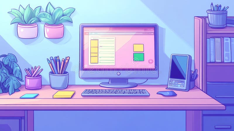 Pastel Pixel Art Home Office Workspace with Plants Stock Illustration ...
