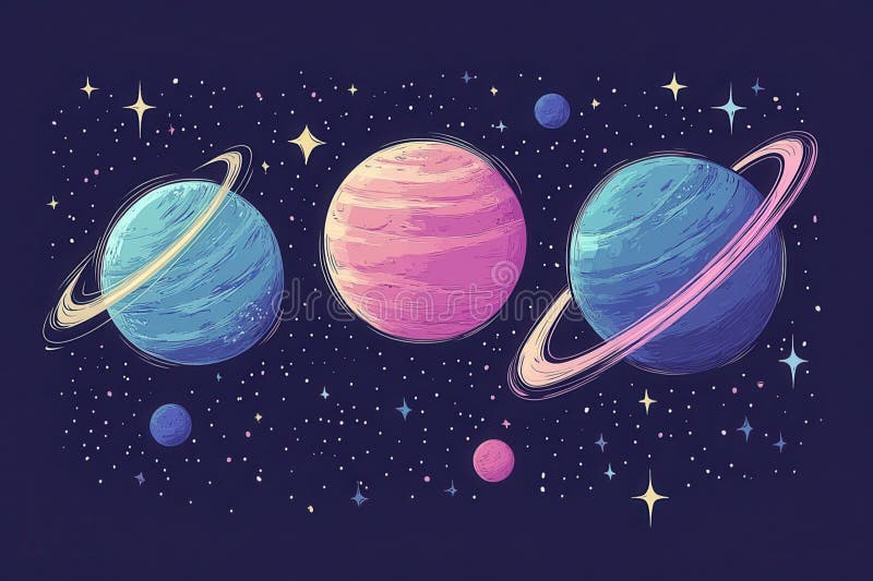 Pastel Planets in Space Starry Night Sky Galaxy Art Stock Illustration ...