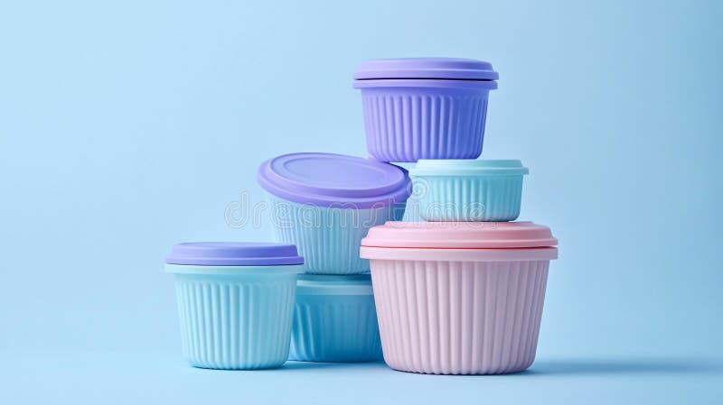Pastel Plastic Food Storage Containers Stacked Blue Background Stock ...