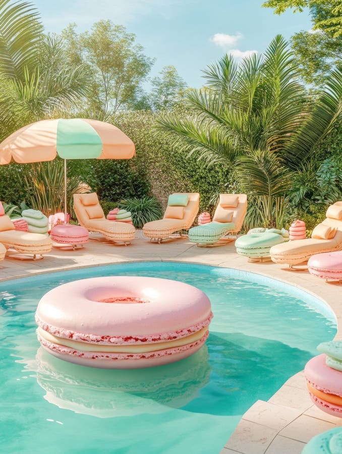 Pastel Poolside Oasis with Macaron-inspired Floats and Plush Seating ...