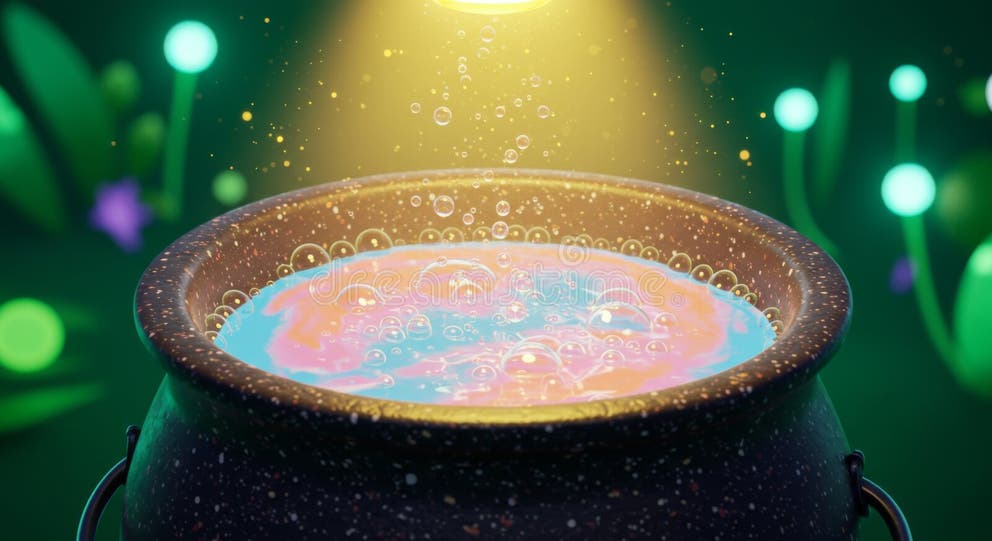 Pastel Potion in a Cauldron with Sparkling Bubbles Stock Illustration ...