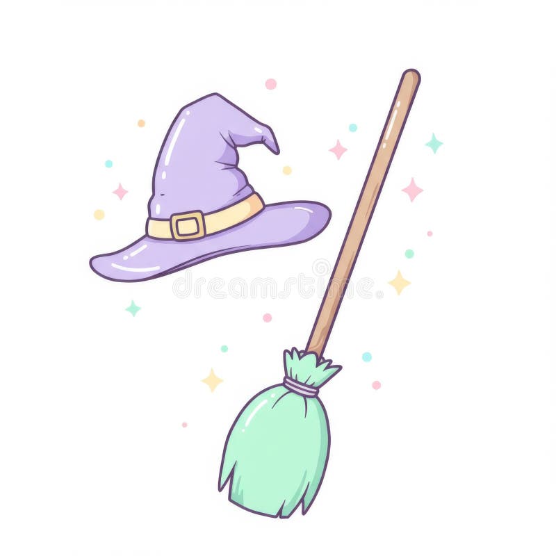 Pastel Purple Witch Hat and Green Broom Illustration Stock Illustration ...