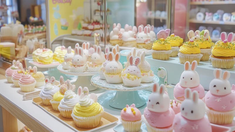 Pastel Rabbit Cupcakes and Desserts on Display in Bakery Stock ...