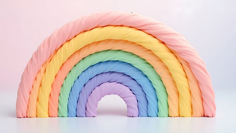 Pastel Rainbow Arch Made of Soft Twisted Fabric Against a Light Pink ...