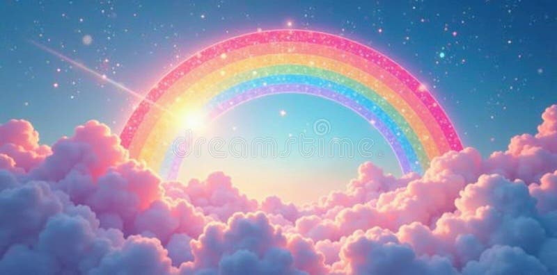 Pastel Rainbow Arch Over Whimsical Clouds, Tiny Stars , Fun, Soft, Arch Stock Illustration ...