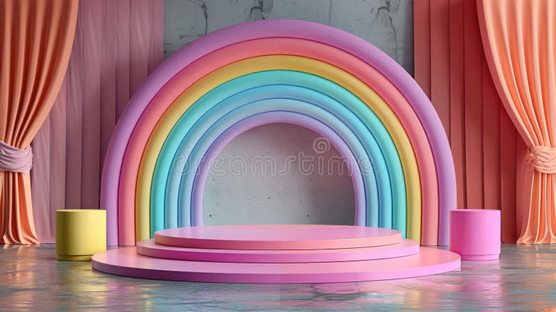 Pastel Rainbow Arch and Pink Podium with Draped Curtains Stock ...