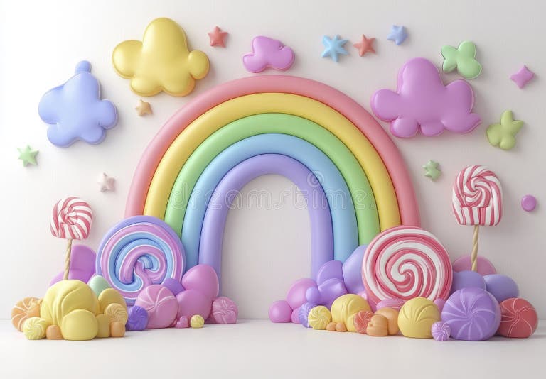 Pastel Rainbow Candy Background with Clouds and Stars Stock ...