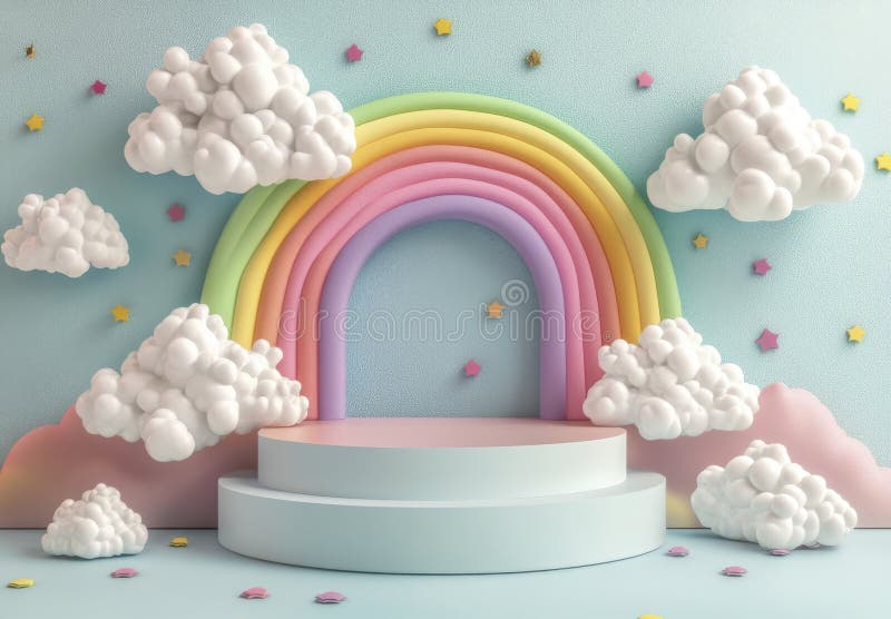 Pastel Rainbow and Clouds Display Stand Whimsical 3D Render Stock ...