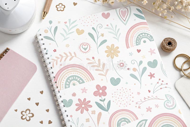 Pastel Rainbow Floral Notebook on White Desk Stock Illustration ...