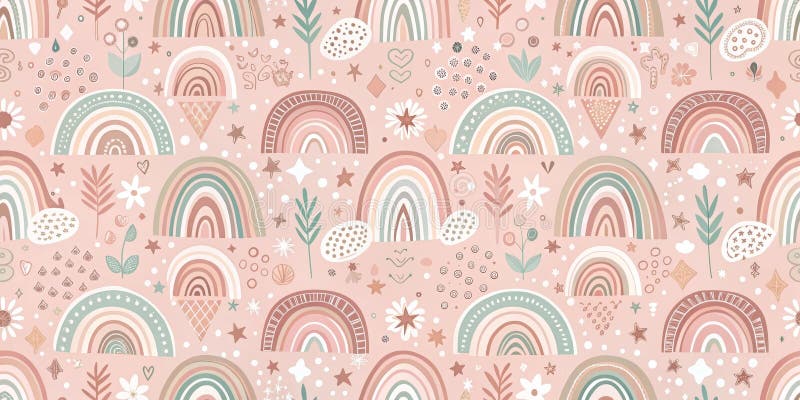 Pastel Rainbow Seamless Pattern with Floral and Star Elements for ...