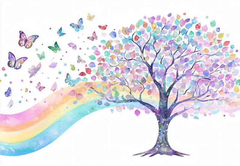 Pastel Rainbow Tree with Butterflies Watercolor High Quality Image ...