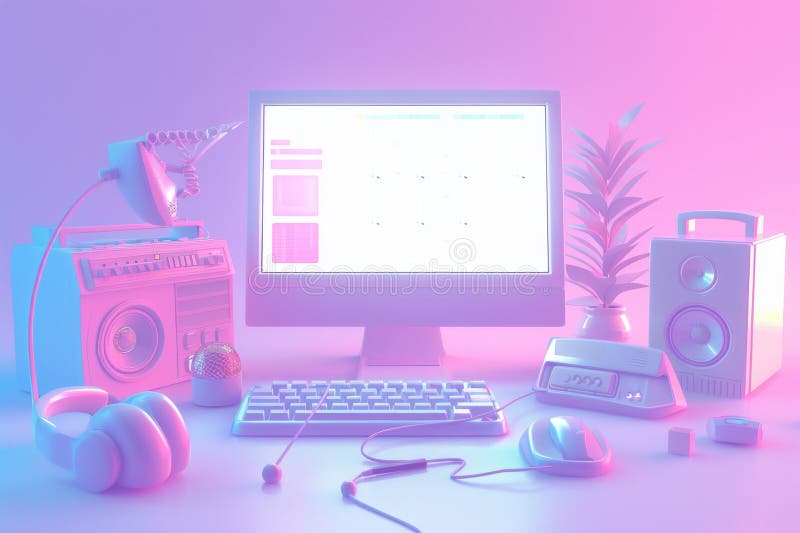 Pastel Retro Tech Office Setup Stock Illustration - Illustration of ...