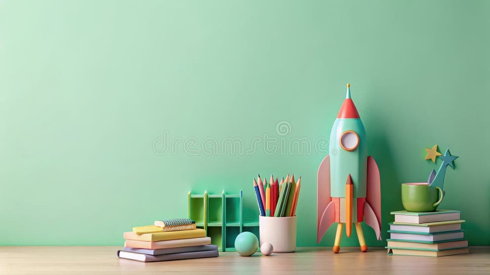 Pastel Rocket Ship Desk Scene Books, Pencils, and a Cup of Inspiration ...