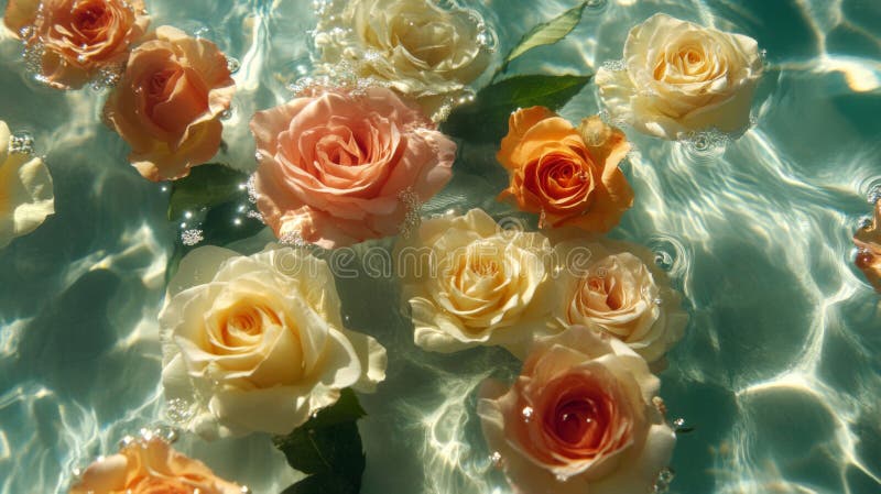 Pastel Roses Floating in Aqua Water Stock Illustration - Illustration ...