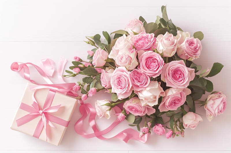 Pastel Roses and Kraft Paper Wrapped Gift Boxes on Table Stock ...