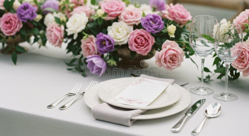 Pastel Roses Wedding Table Setting Stock Photo - Image of refined ...