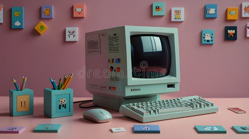 A Pastel 90s Computer Desktop with Pixel Art Icons and Nostalgic Design ...