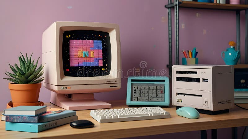 A Pastel 90s Computer Desktop with Pixel Art Icons and Nostalgic Design ...