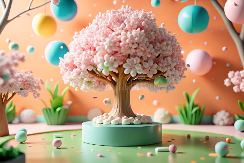 Pastel Sakura Tree Scene with Floating Ornaments Stock Illustration ...