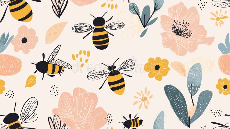 Pastel Seamless Pattern with Bees and Abstract Floral Elements Stock ...