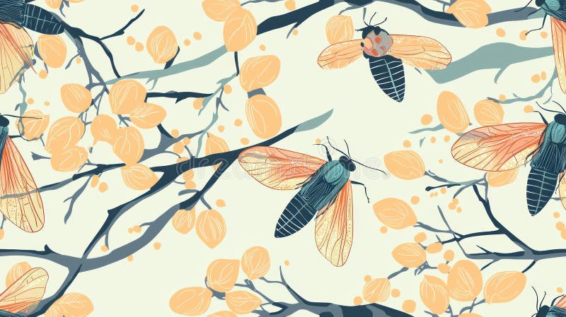 Pastel Seamless Pattern Featuring Cicadas on Tree Branches Stock ...