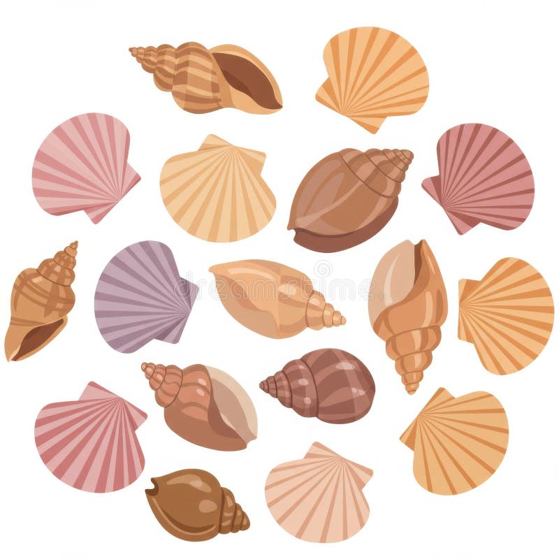Pastel Seashells Collection on White Background Stock Illustration ...