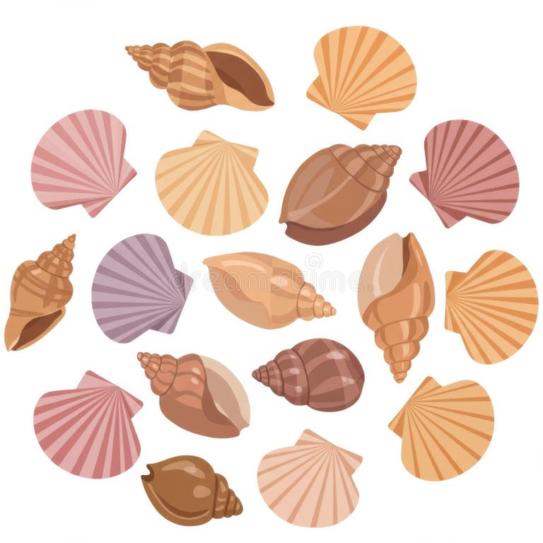 Pastel Seashells Collection on White Background Stock Illustration ...