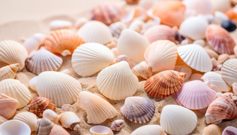Pastel Seashells on Sand Background Creating Stock Photo - Image of ...