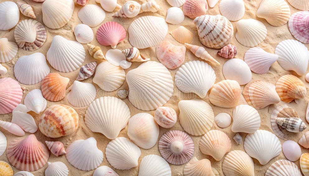 Pastel Seashells on Sand Background Creating Stock Photo - Image of ...